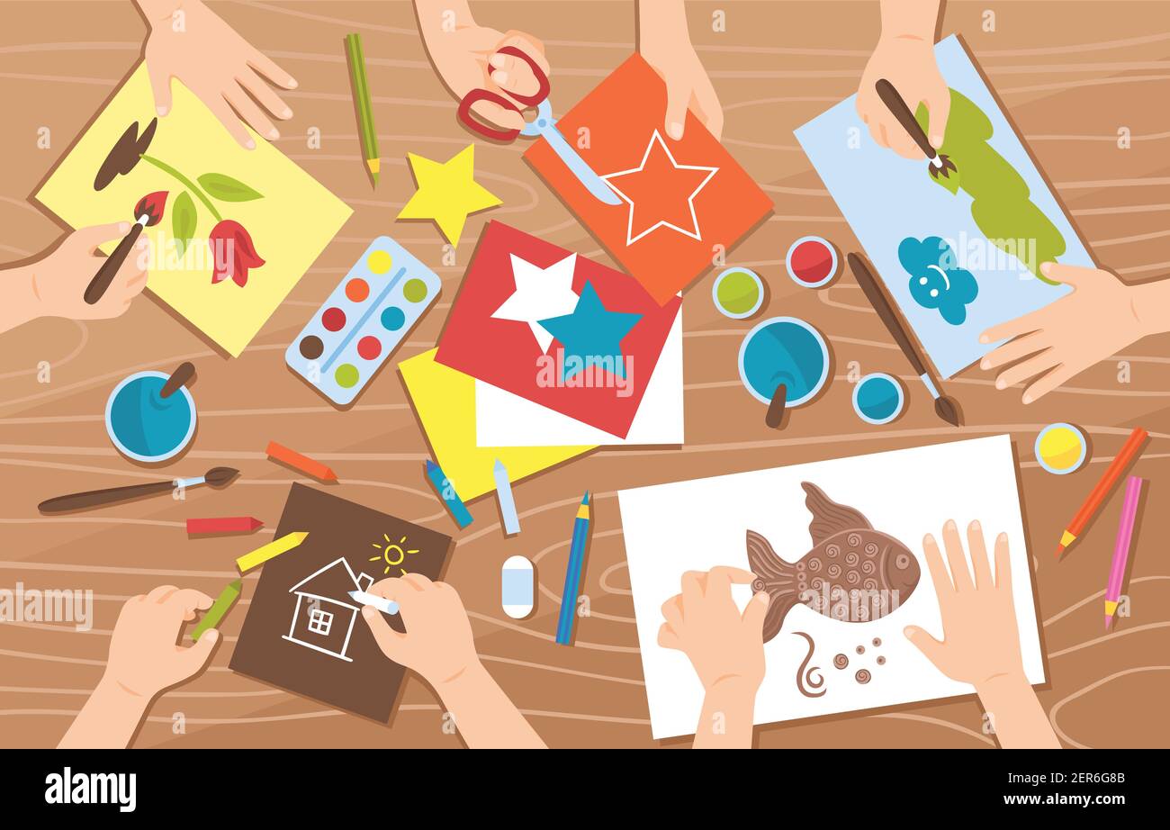 Flat design handmade studio background with kids drawing and painting ...