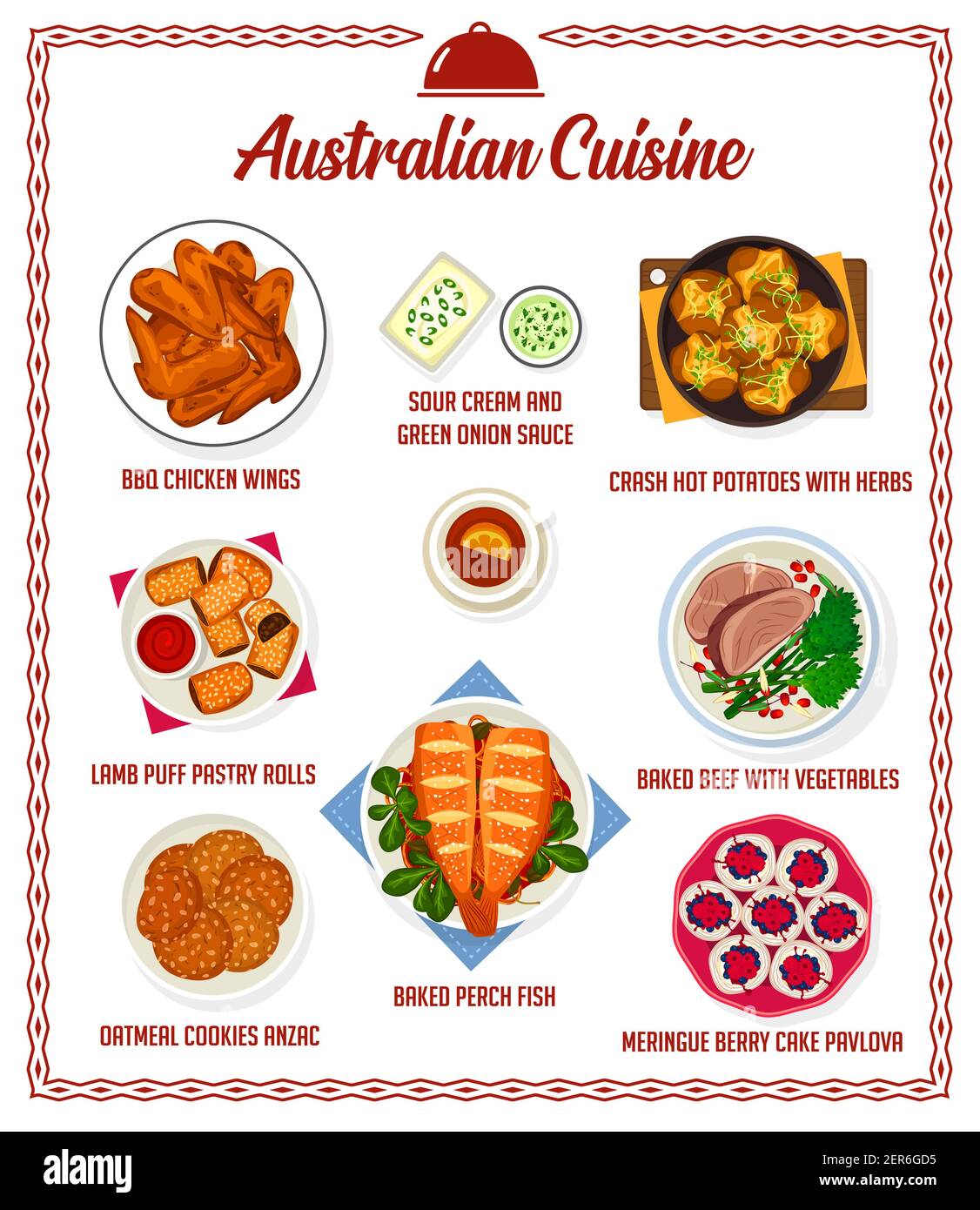 Australian cuisine vector menu sour cream, green onion sauce, bbq ...