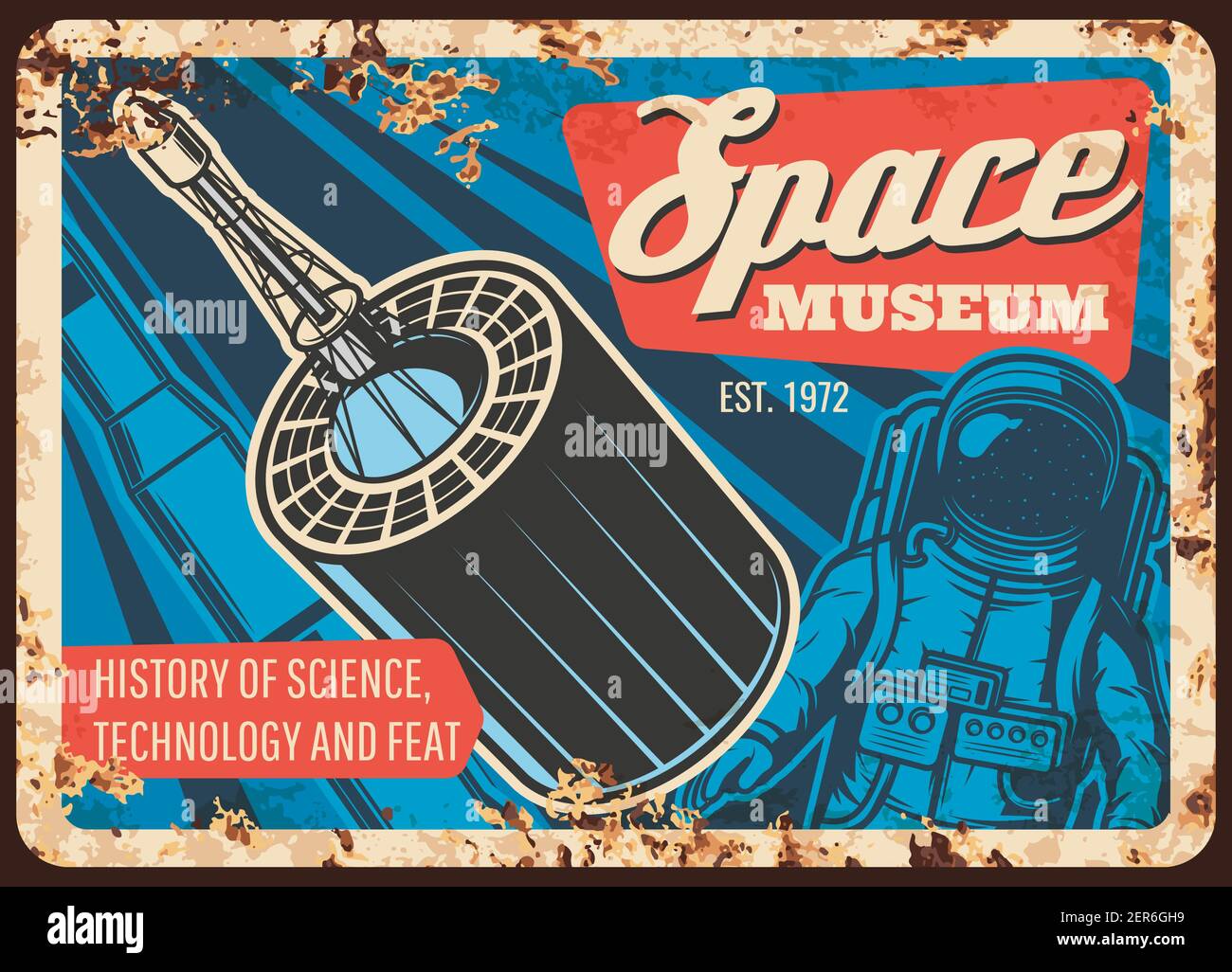 Space museum vector rusty metal plate with astronaut, rocket and ...