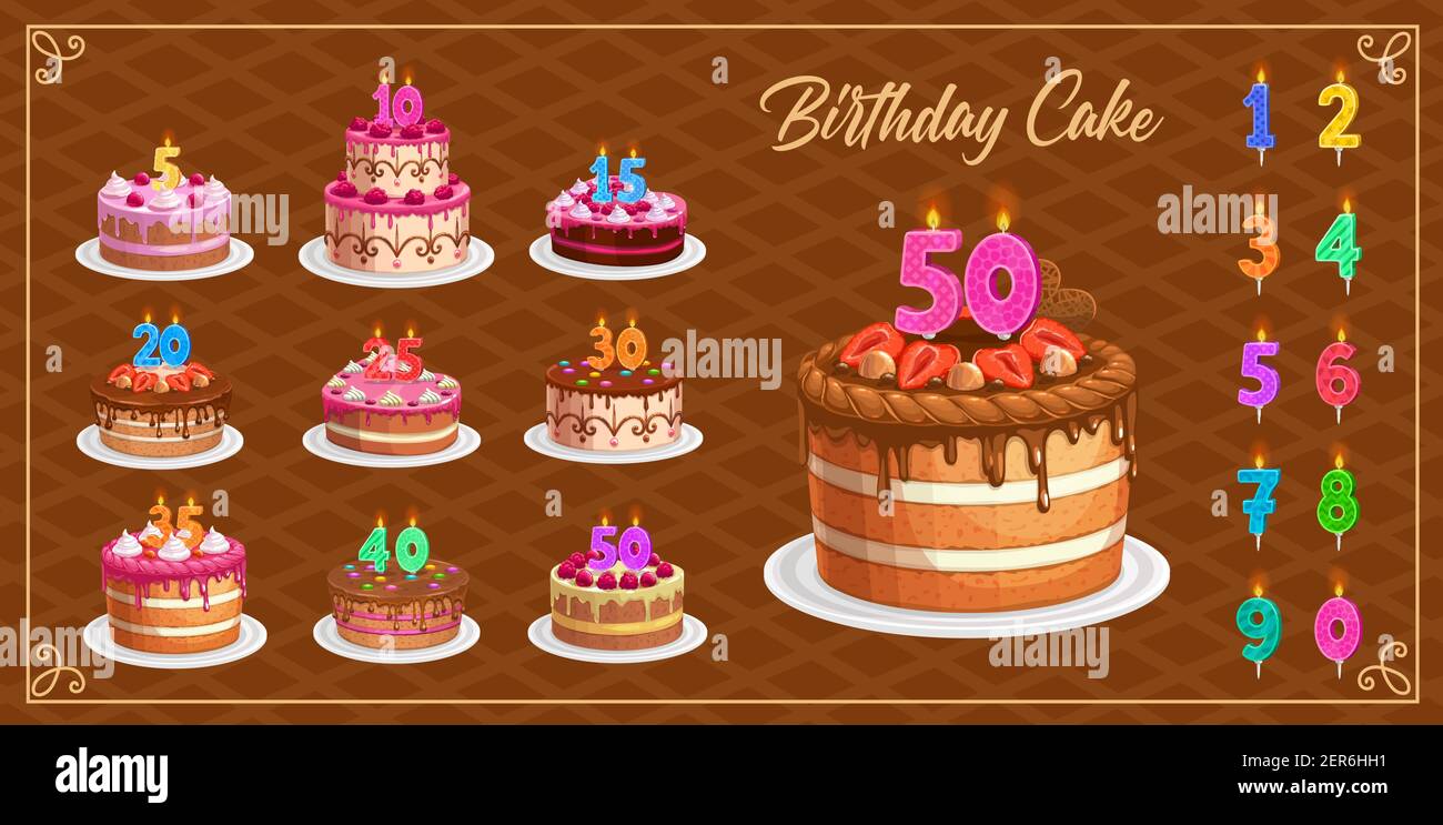Candles on birthday cakes with age numbers from one to ten isolated ...