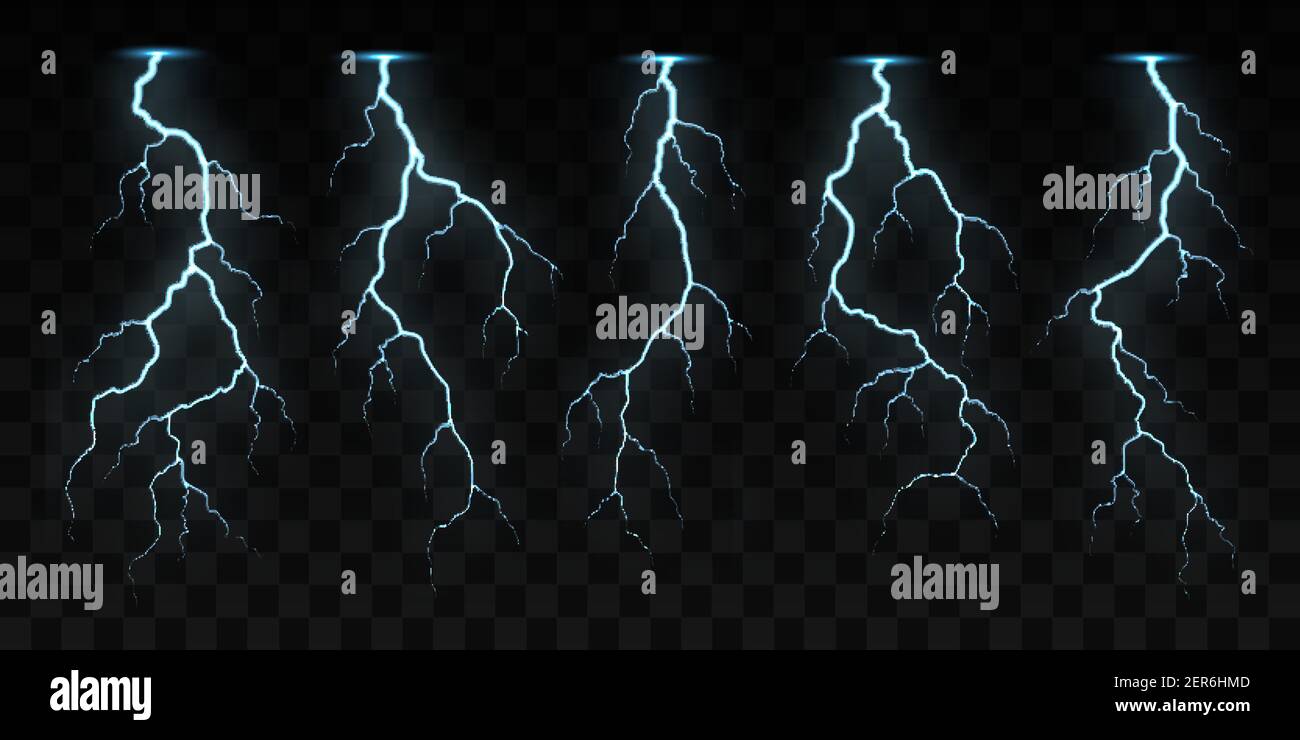 Electric or lightning strikes, vector flashes, impact place, plasma or magical energy in blue ...