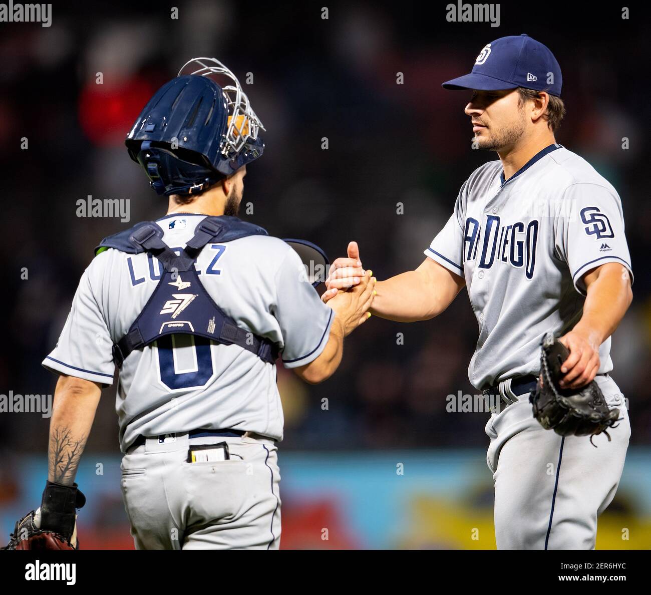 May 01, 2018: San Diego Padres catcher Raffy Lopez (0) congratulates ...