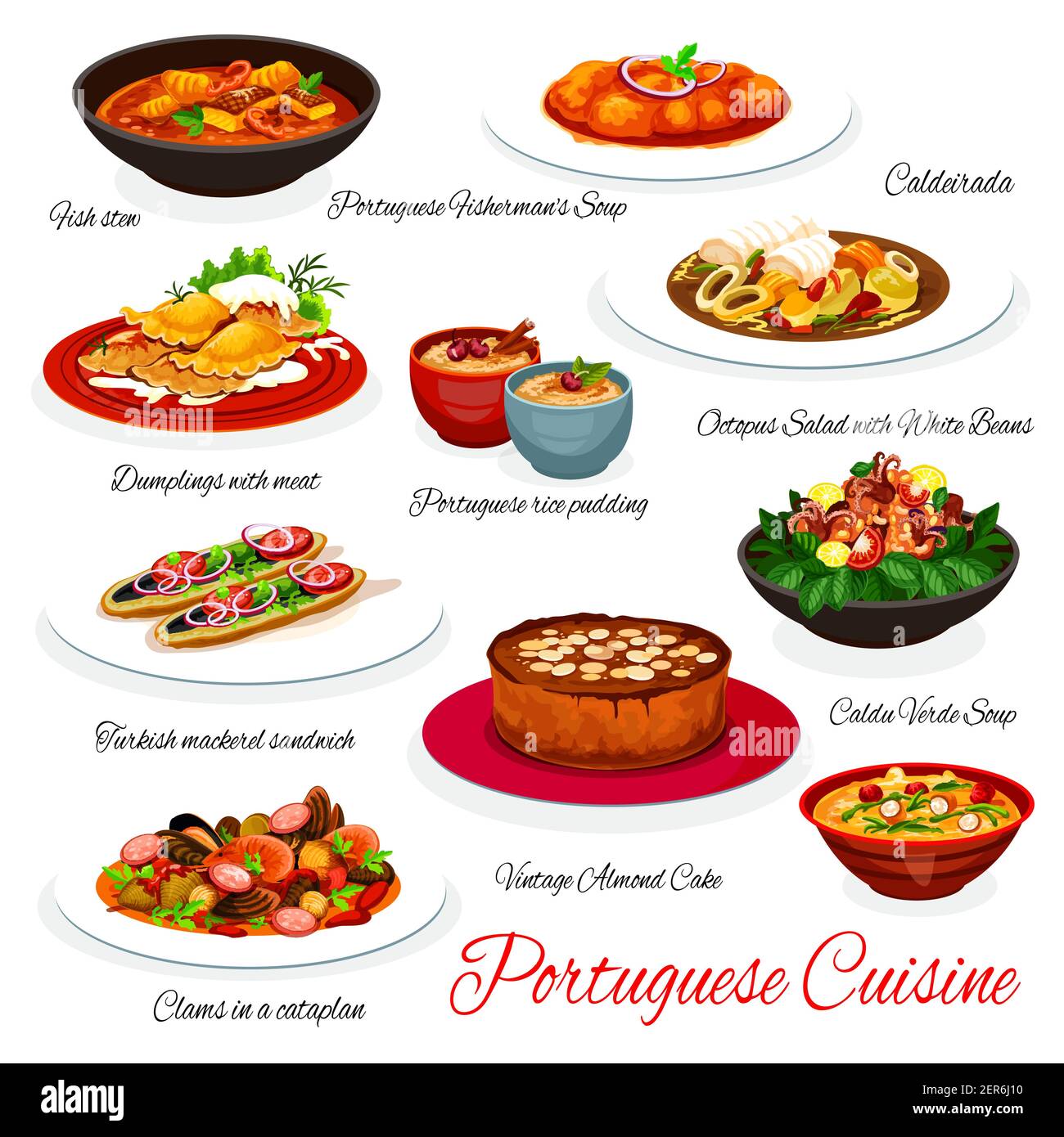 Portuguese cuisine seafood, fish and vegetable vector dishes with ...