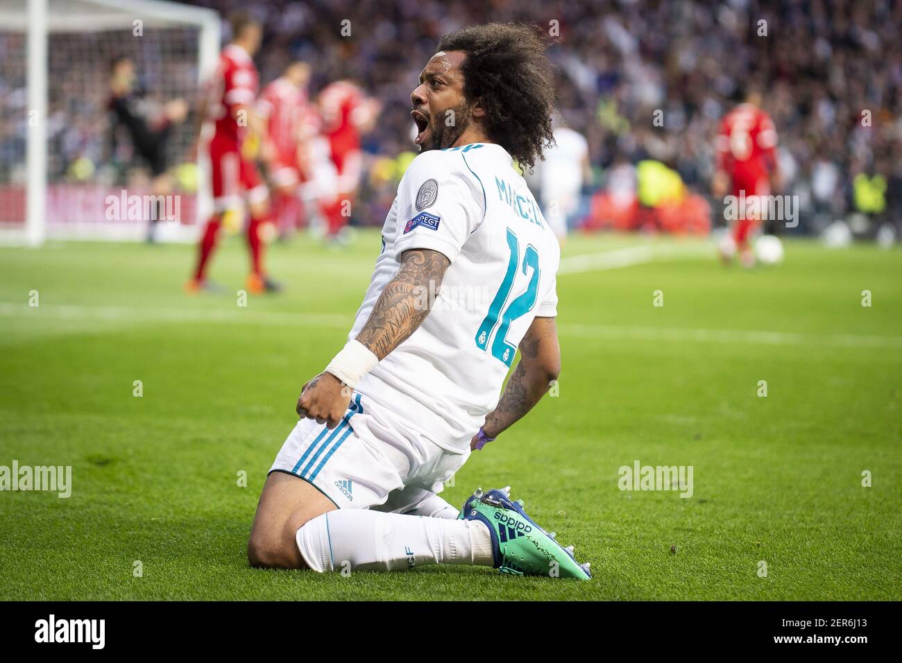 Real Madrid Marcelo celebrating a goal during Semi Finals UEFA ...