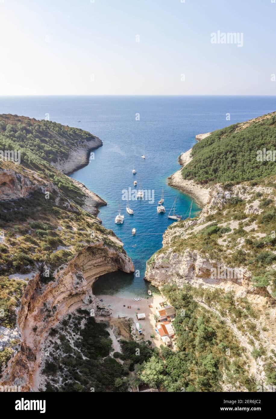Aerial drone shot of iconic Stiniva cove beach of Adriatic sea on Vis ...