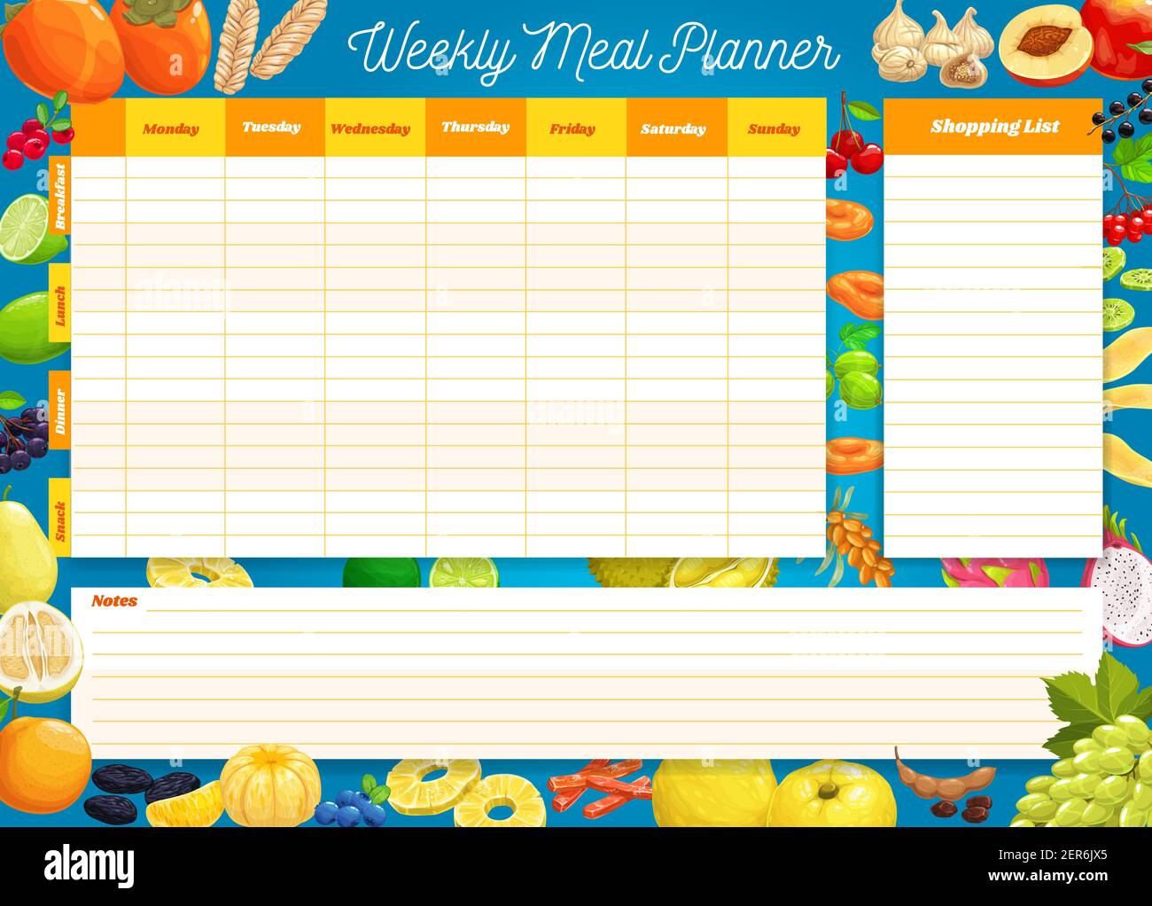 Weekly meal planner, vector timetable, week food plan organizer ...