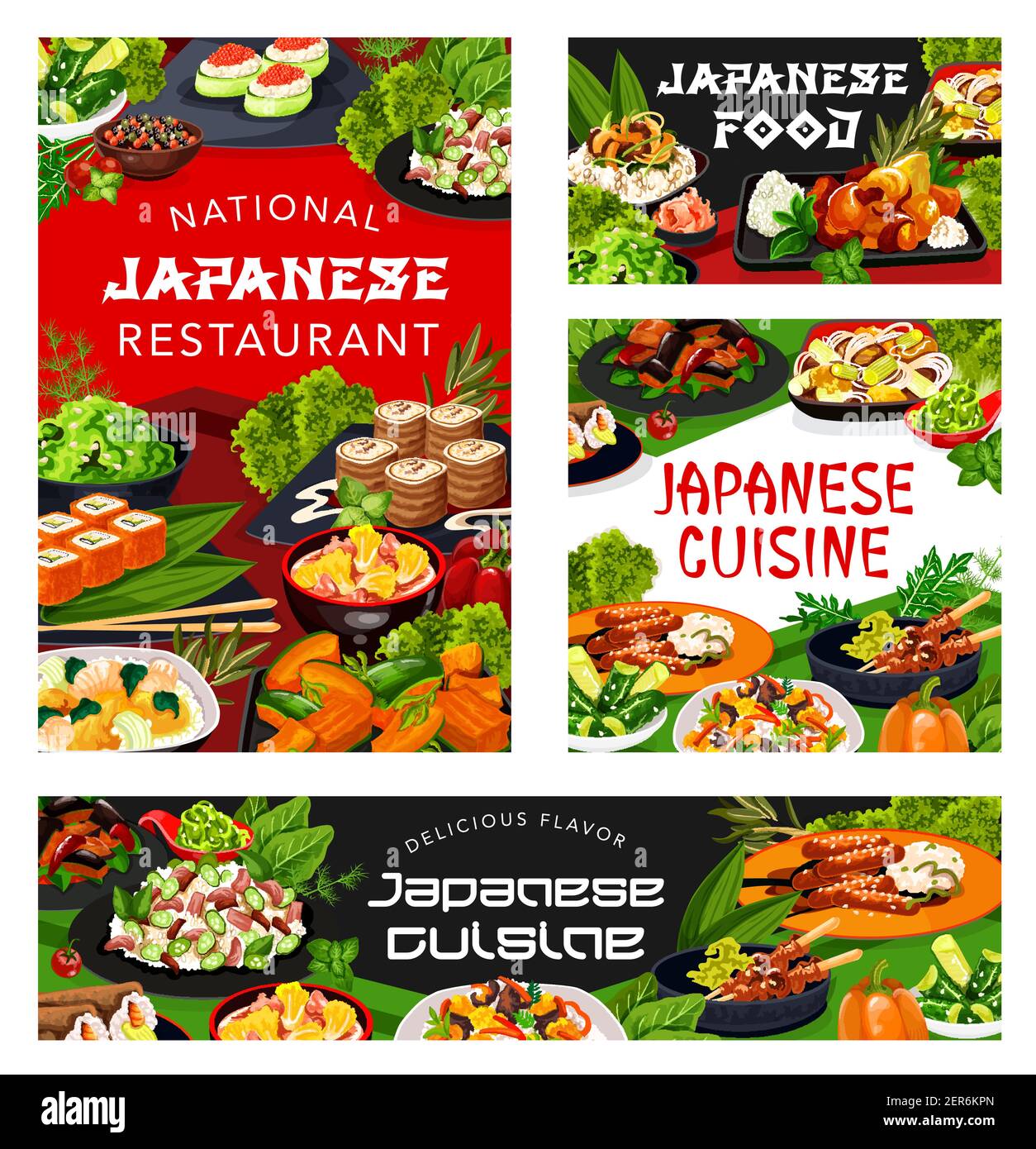 Japanese cuisine restaurant rice, fish, meat, vegetable vector dishes ...