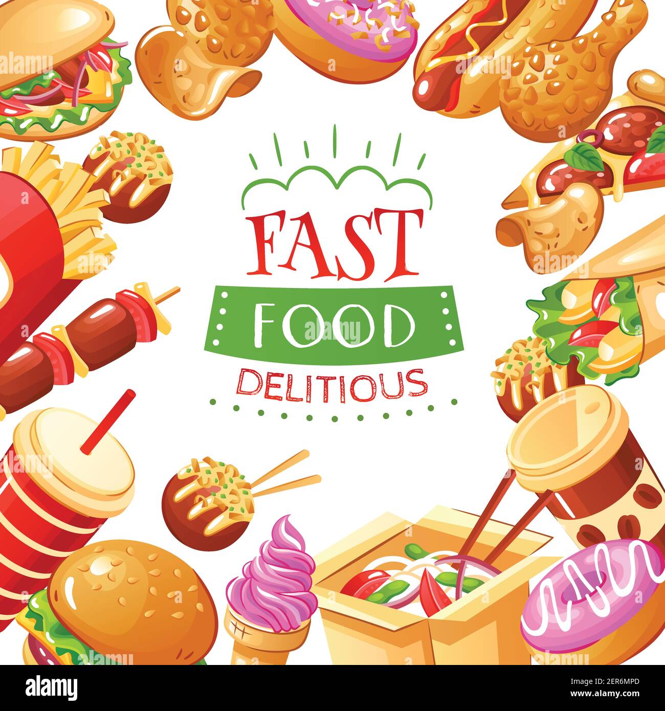 Bright fast food poster with burgers hot dogs drinks french fries pizza ...