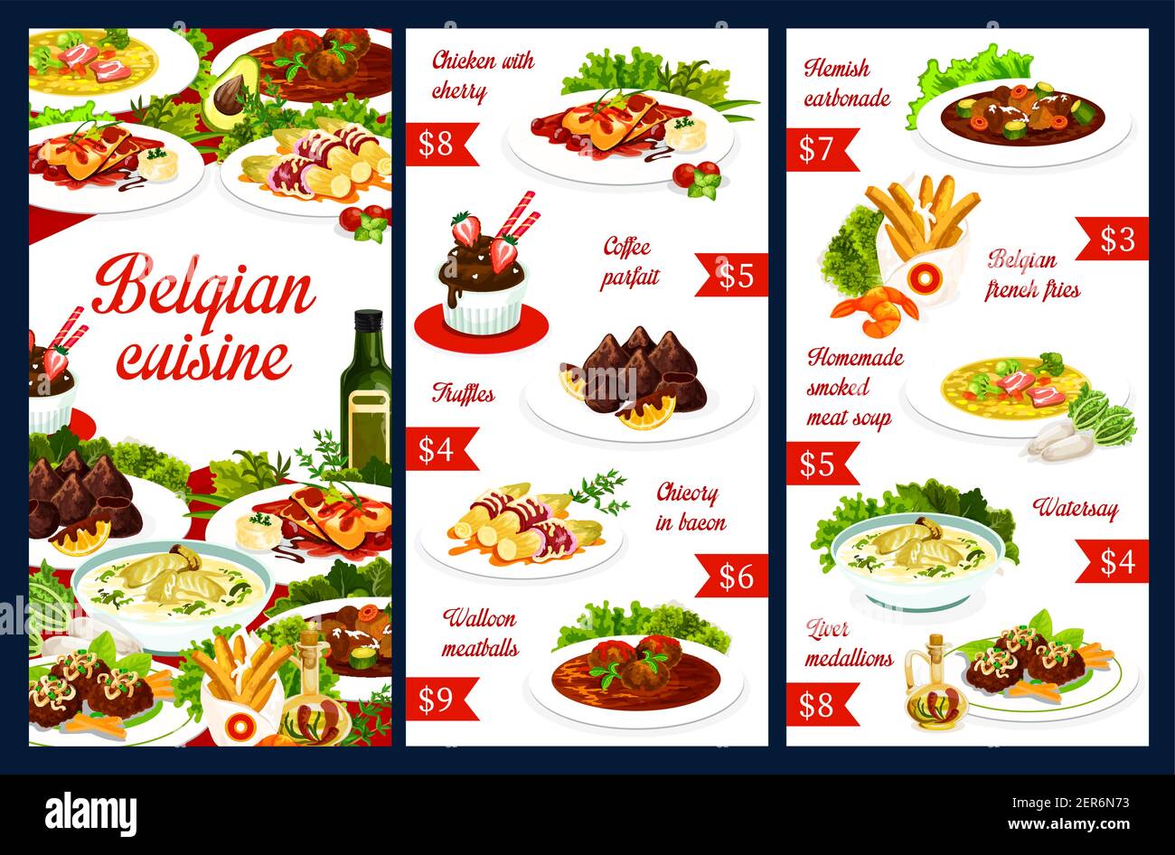 Belgian cuisine food menu dishes, Belgium restaurant meals, vector meat ...
