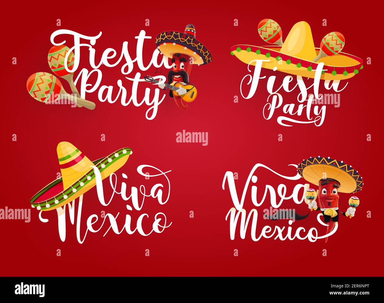Viva Mexico and Mexican fiesta party vector icons. Red chilli pepper ...
