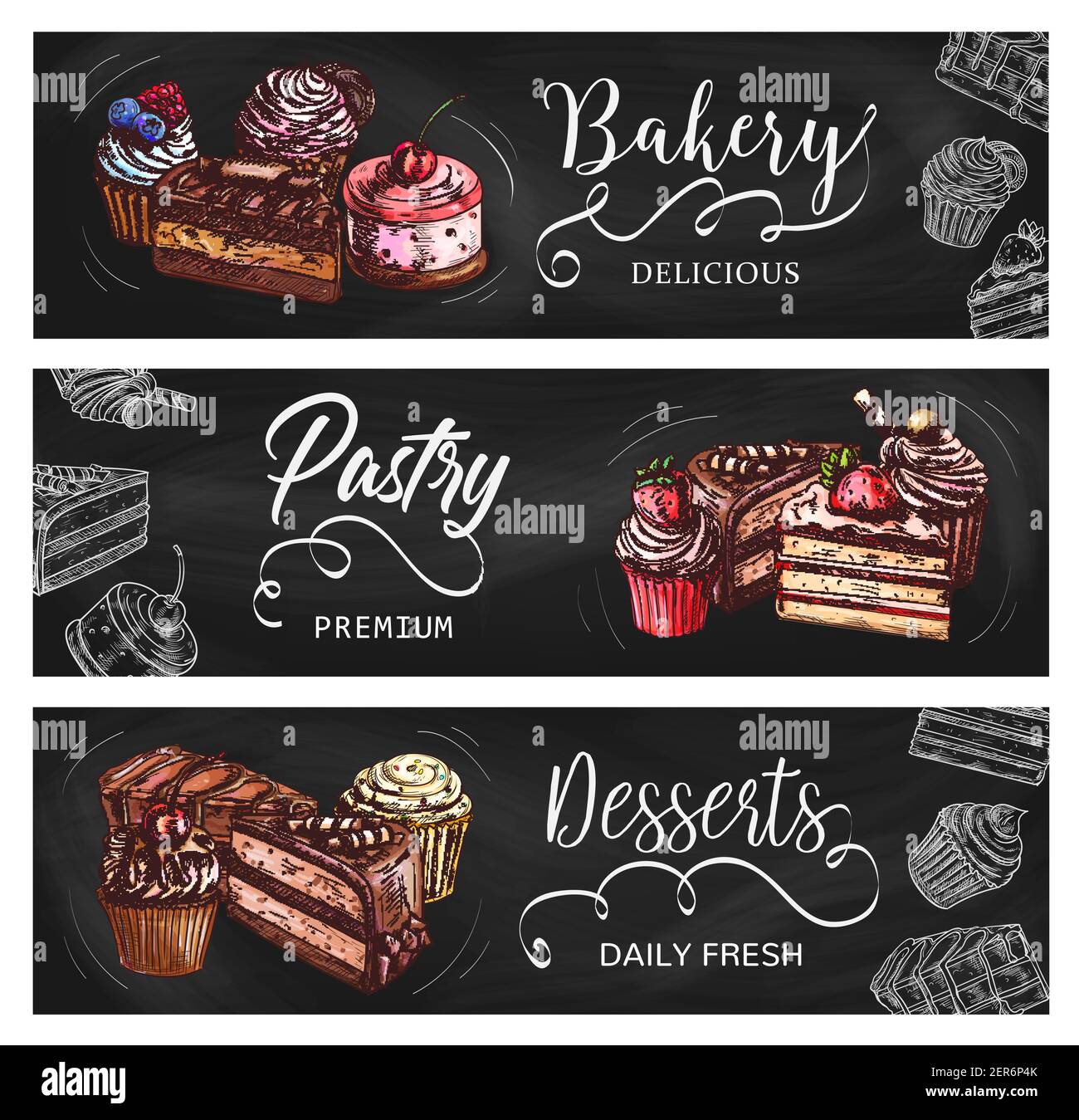 Cakes and cupcakes vector sketch chalkboard banners. Bakery shop sweet ...