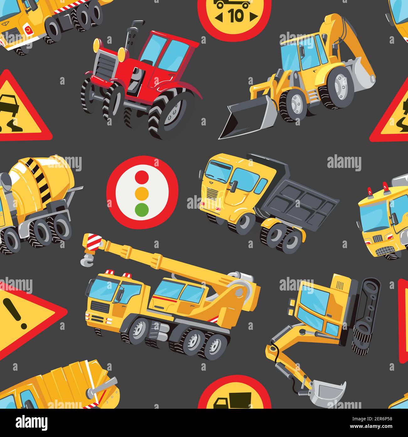 Seamless pattern with colorful toy Trucks, Cars and Road Signs. Red ...