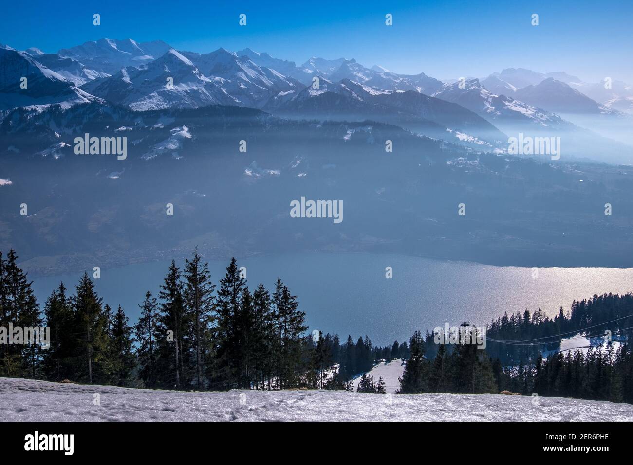 Landscape panoramic view of the Swiss Alps covered by snow, shot near ...
