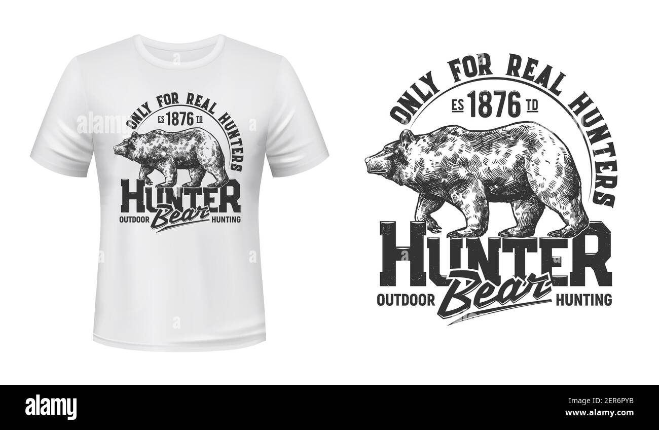 Bear hunt t-shirt print mockup hunting club emblem, vector wild animal ...