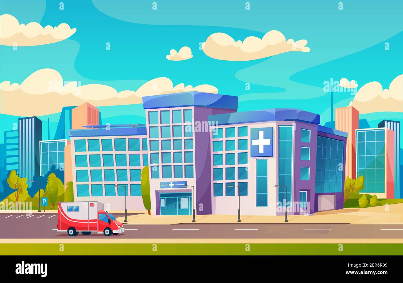 Hospital building or city medical clinic with ambulance cartoon vector ...