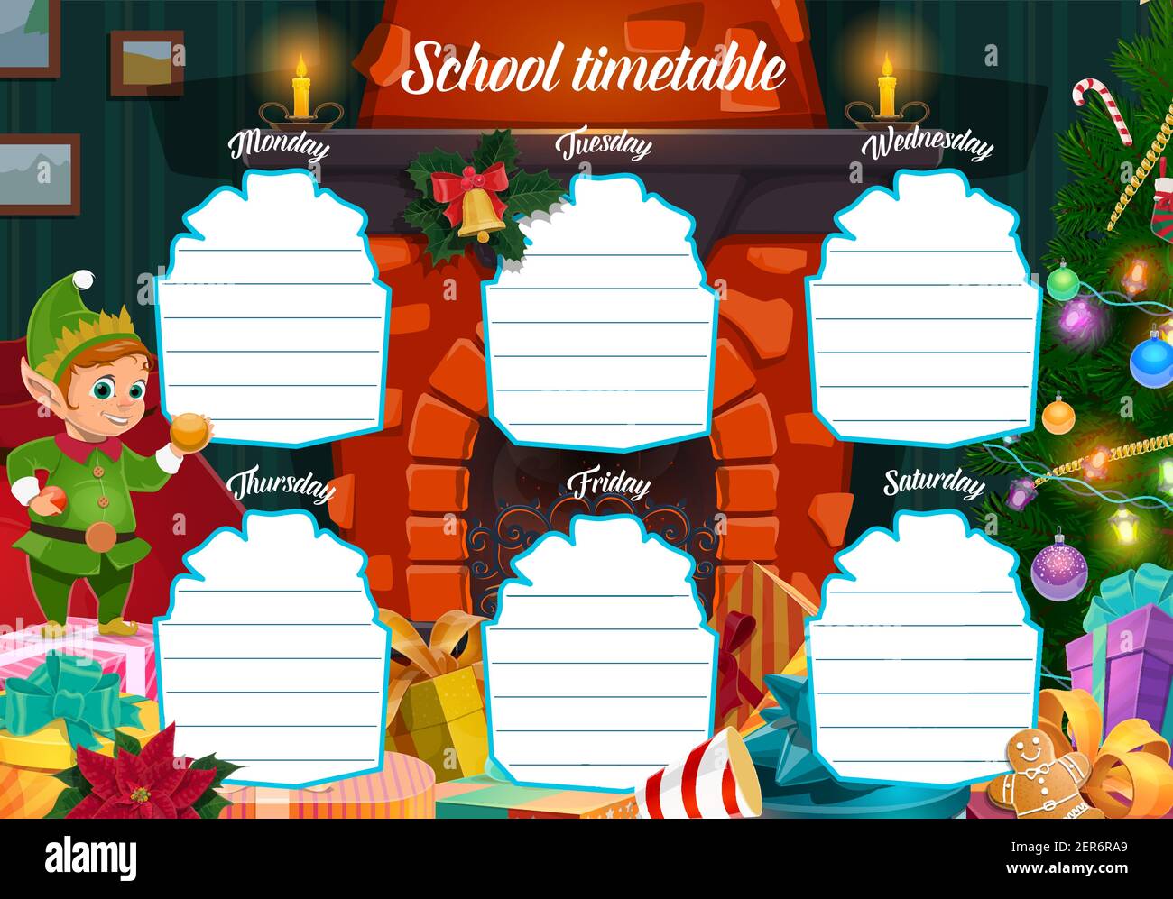 Winter holidays school timetable template with christmas gifts and elf ...
