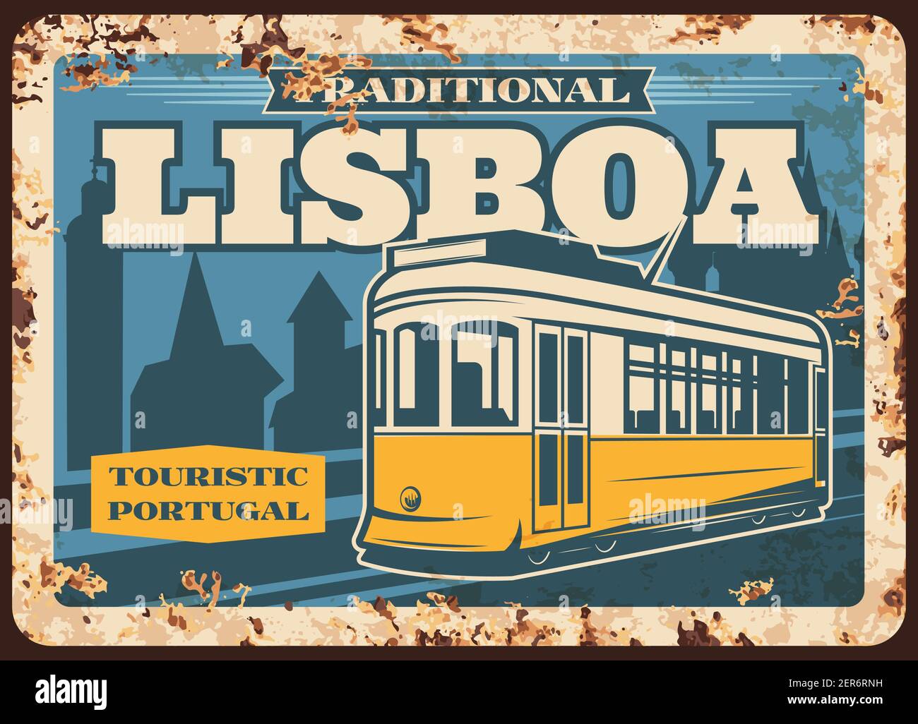 Portugal travel, Lisbon tram metal plate rusty, vector retro poster ...