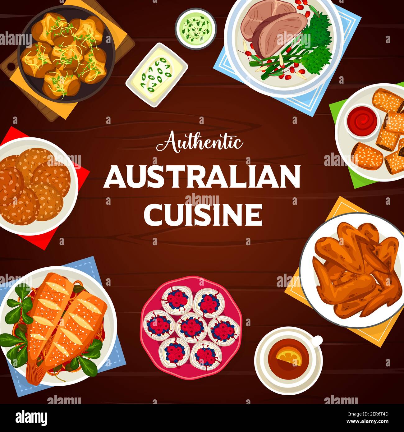 Australian cuisine vector crash hot potatoes with herbs, lamb puff ...