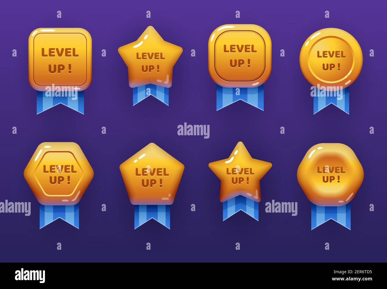 Level up ui game icons, casino bonus vector stars, golden labels with blue award ribbon. Medal ...