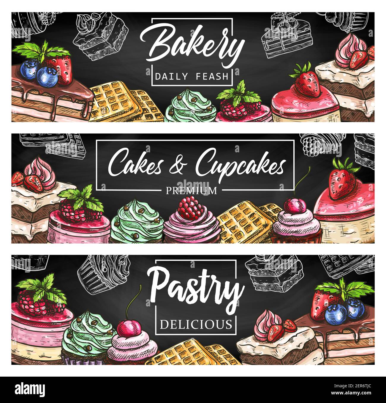 Cakes and cupcakes vector sketch banners. Sweets and bakery pastry ...