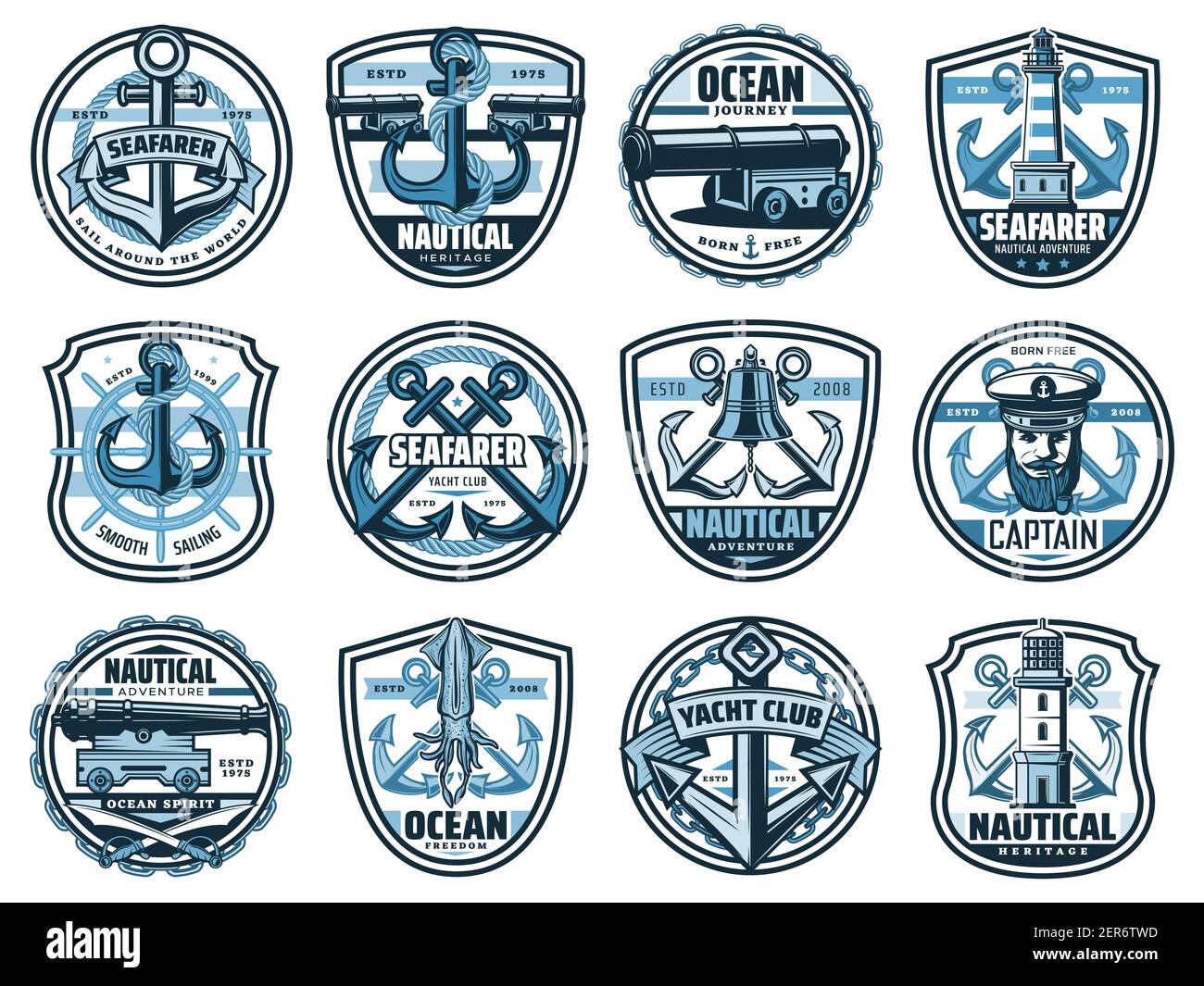 Nautical heraldic icons with vector anchors, ropes and chains, sea ship ...