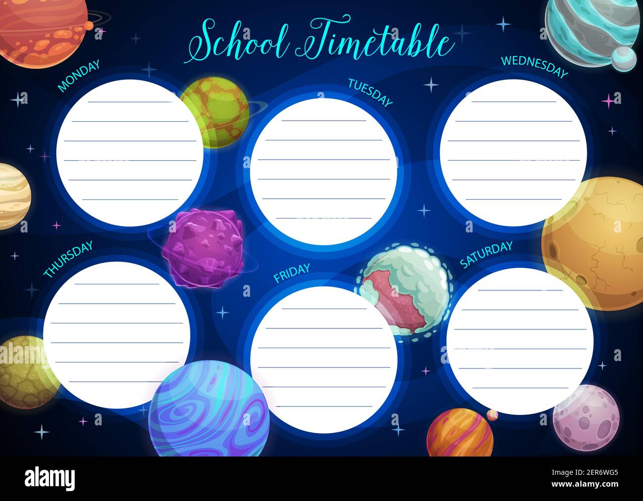 Education school timetable vector template with fantasy planets in ...
