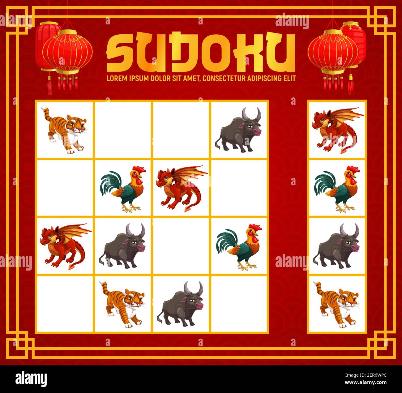 Sudoku game or puzzle with cartoon vector zodiac animals of Chinese New ...