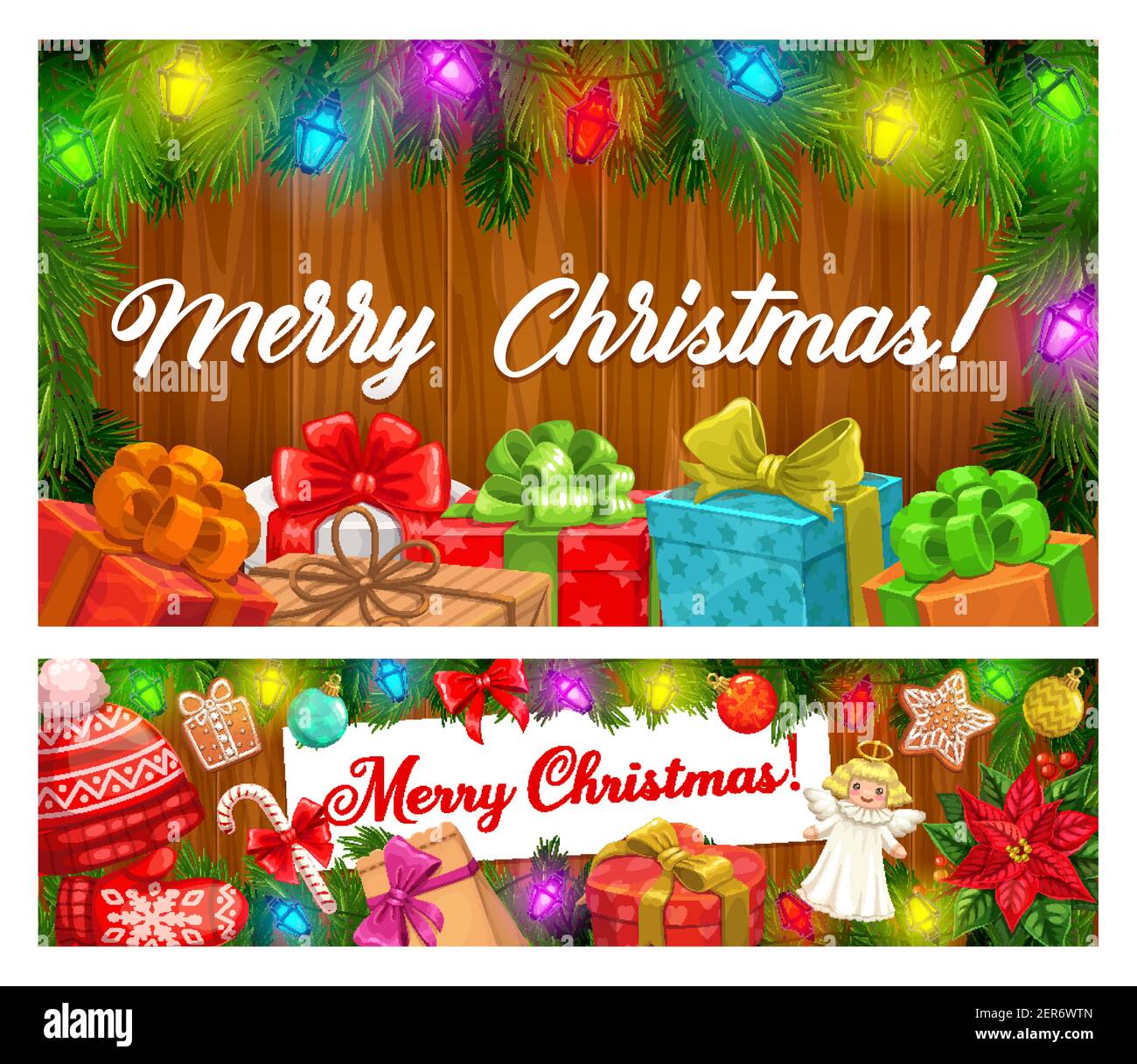 Merry Christmas vector banners of Xmas garlands and winter holiday ...