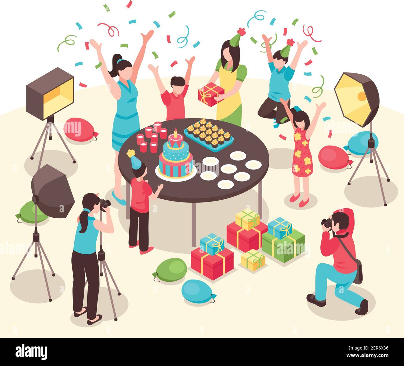 Professional photographers with cameras and lighting facilities during ...