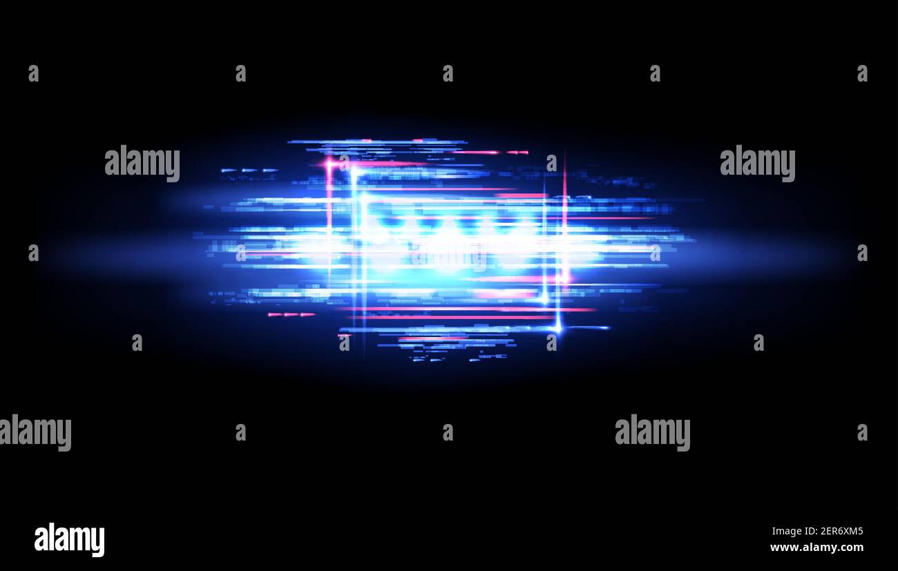 Neon glitch flare and digital noise vector background with blue and ...