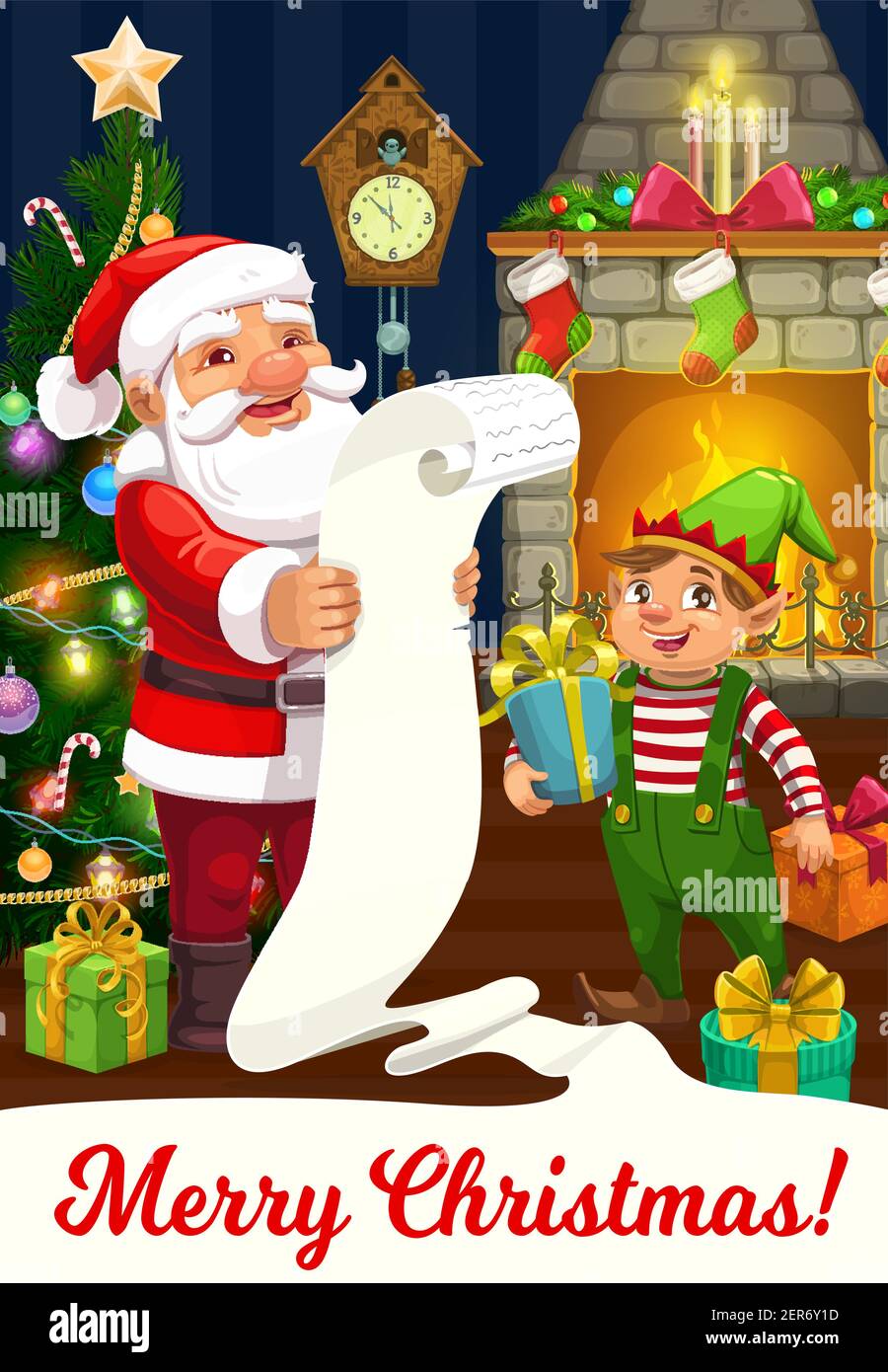 Santa and elf vector greeting card of Christmas winter holidays. Claus ...