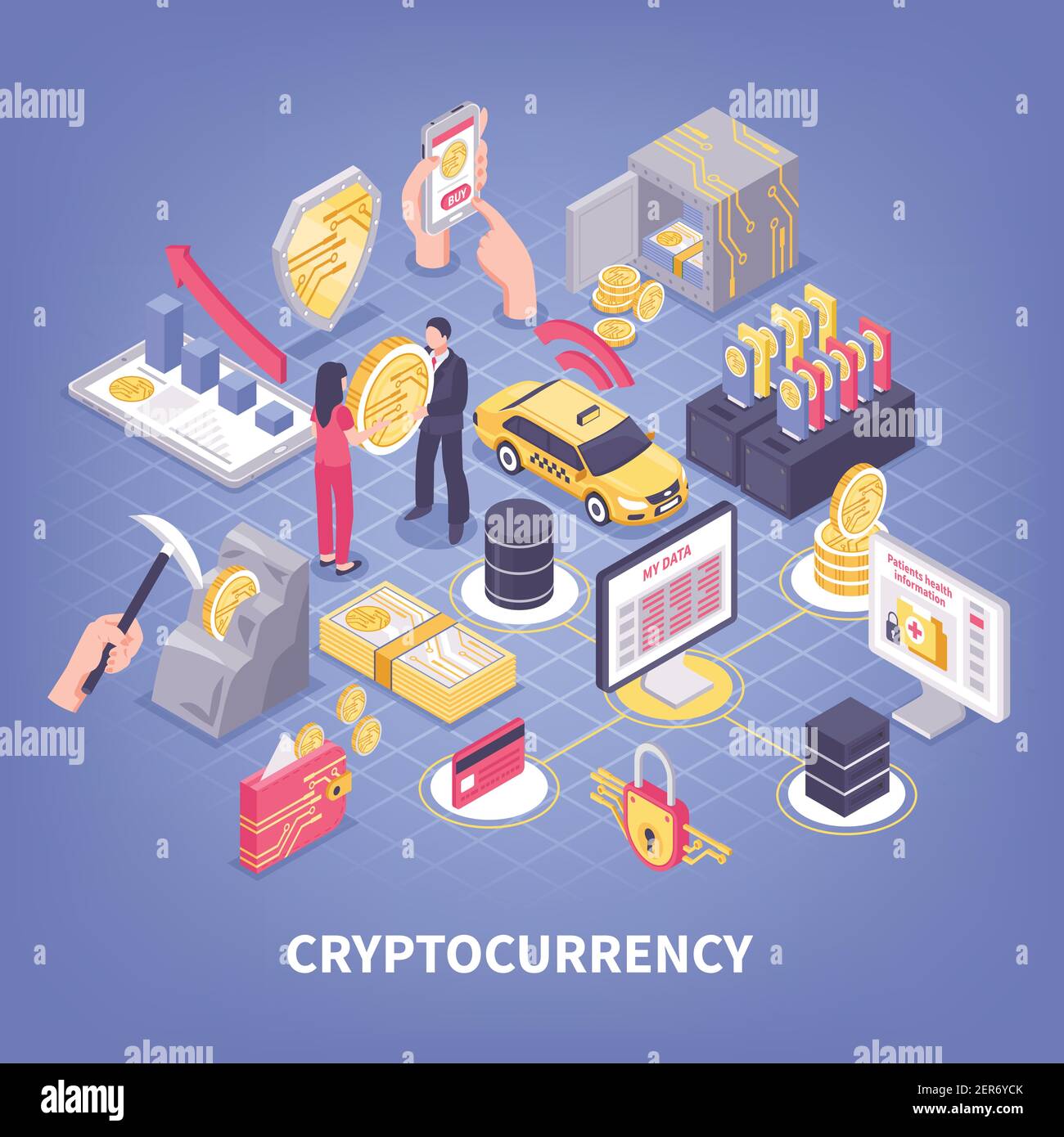 Crypto currency, mining farm, block chain, growth of profit isometric composition on violet ...