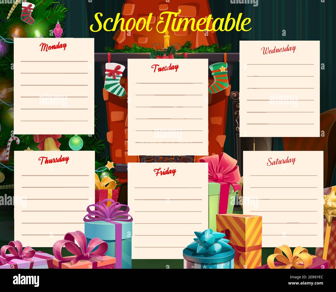 Christmas holidays school timetable with gifts and stocking on ...