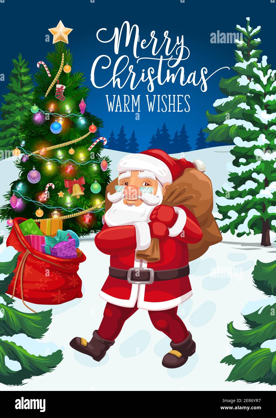 Santa with Christmas gift bag and Xmas tree vector greeting card. Claus ...