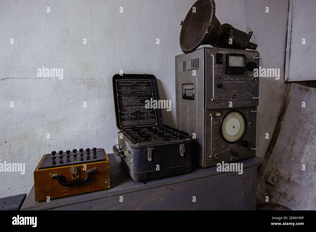 Old communication equipment in underground Soviet bunker Stock Photo ...