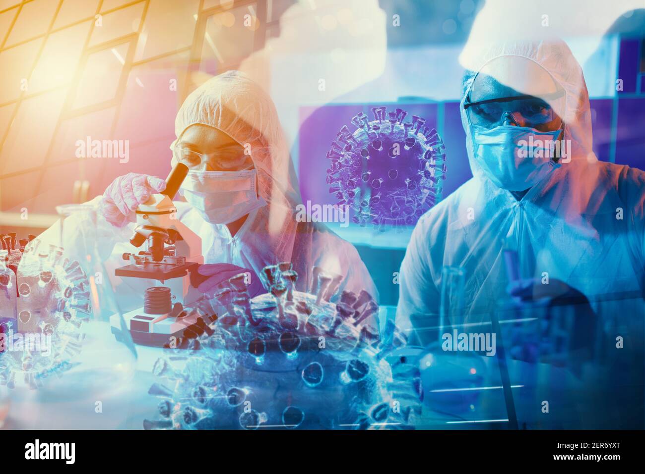 Doctor in the laboratory analyzes samples under a microscope ...