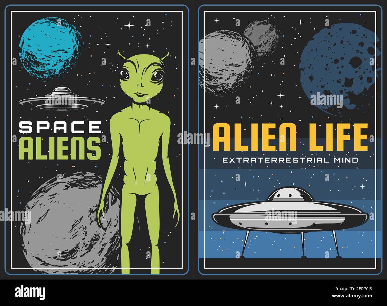Retro posters with alien and ufo spaceship in space, vector ...