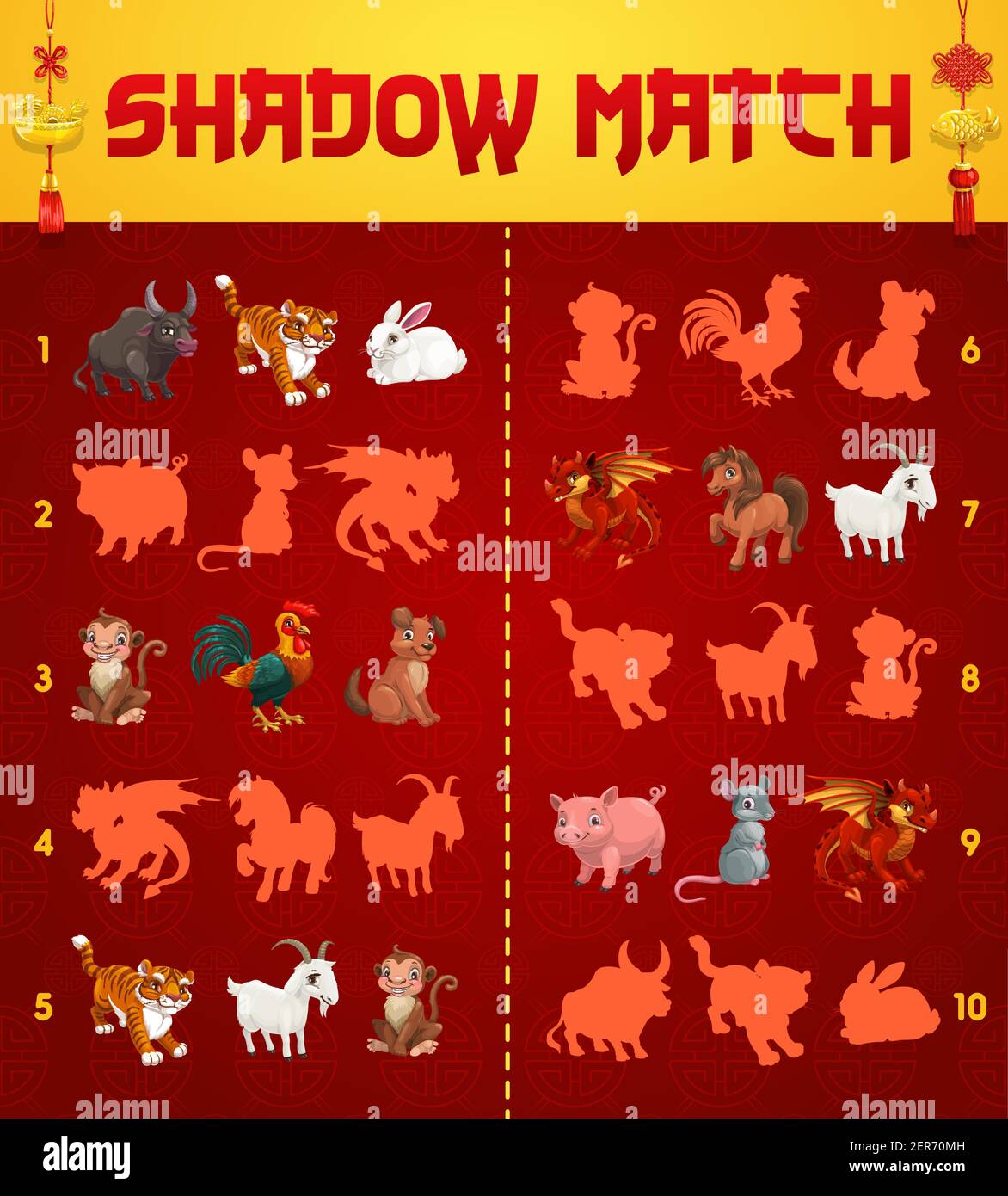 Children shadow matching game with Chinese zodiac animals. Kids playing ...