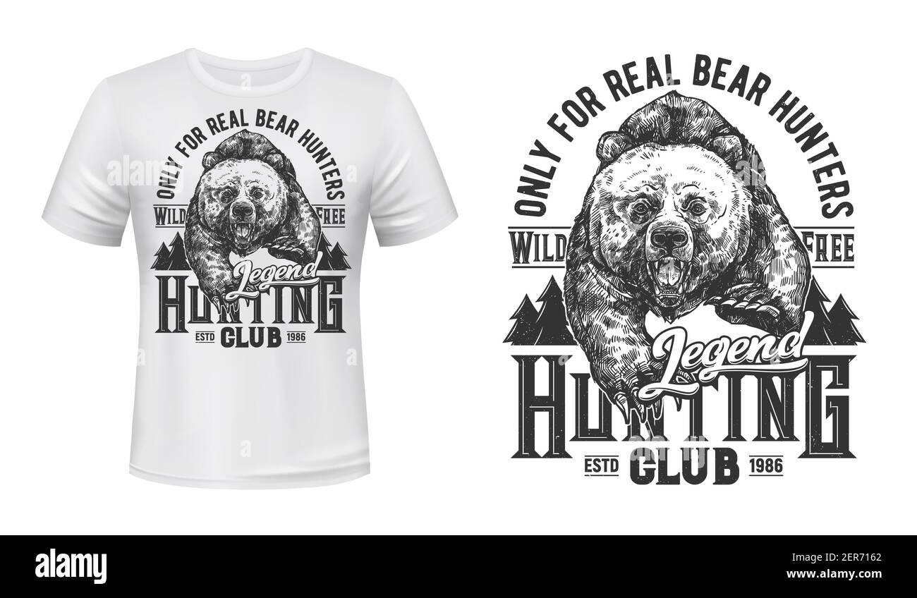 Bear hunting club t-shirt print mockup, wild animal emblem for hunting ...