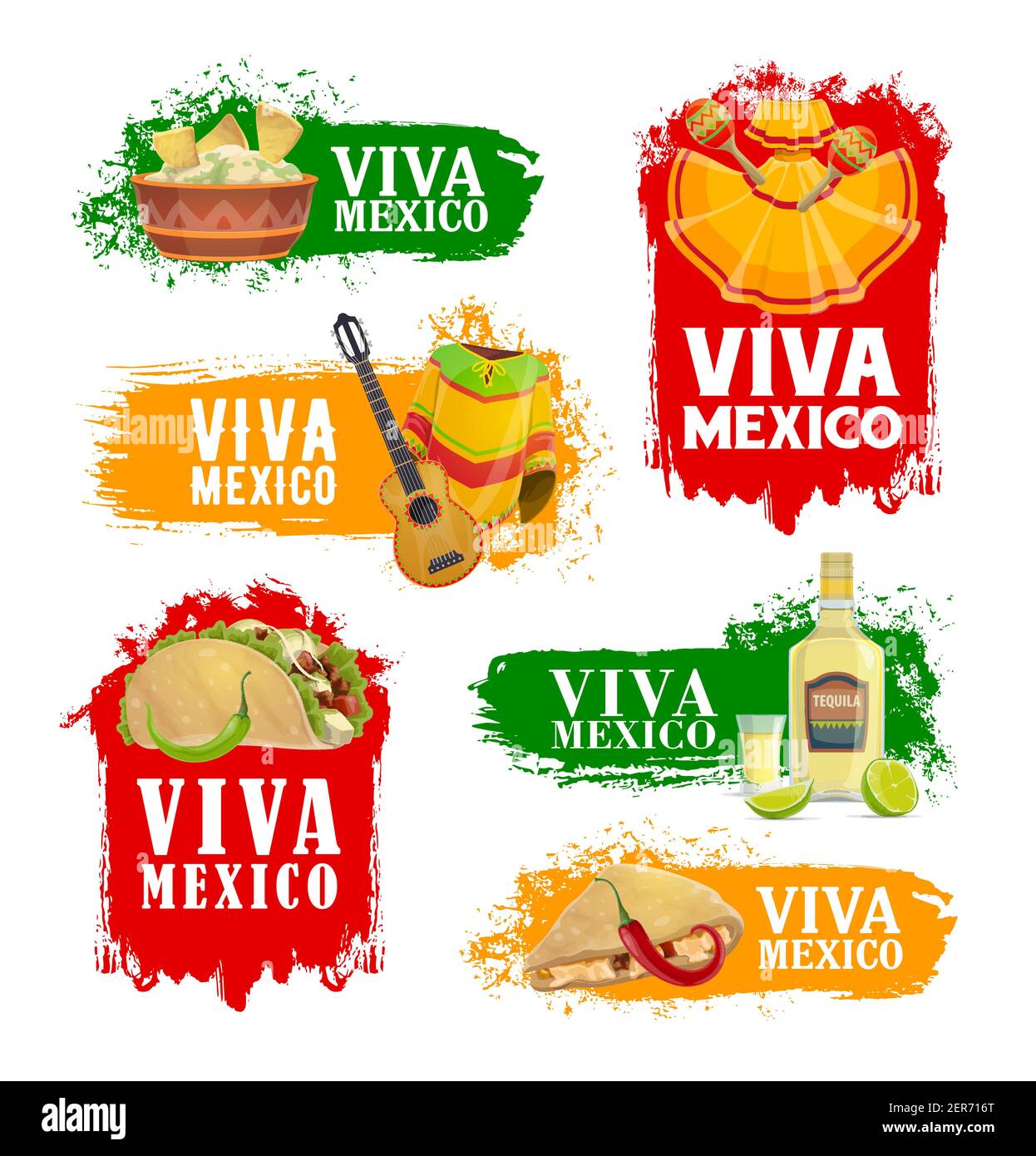 Mexican holiday food and drink vector icons of Viva Mexico fiesta party ...
