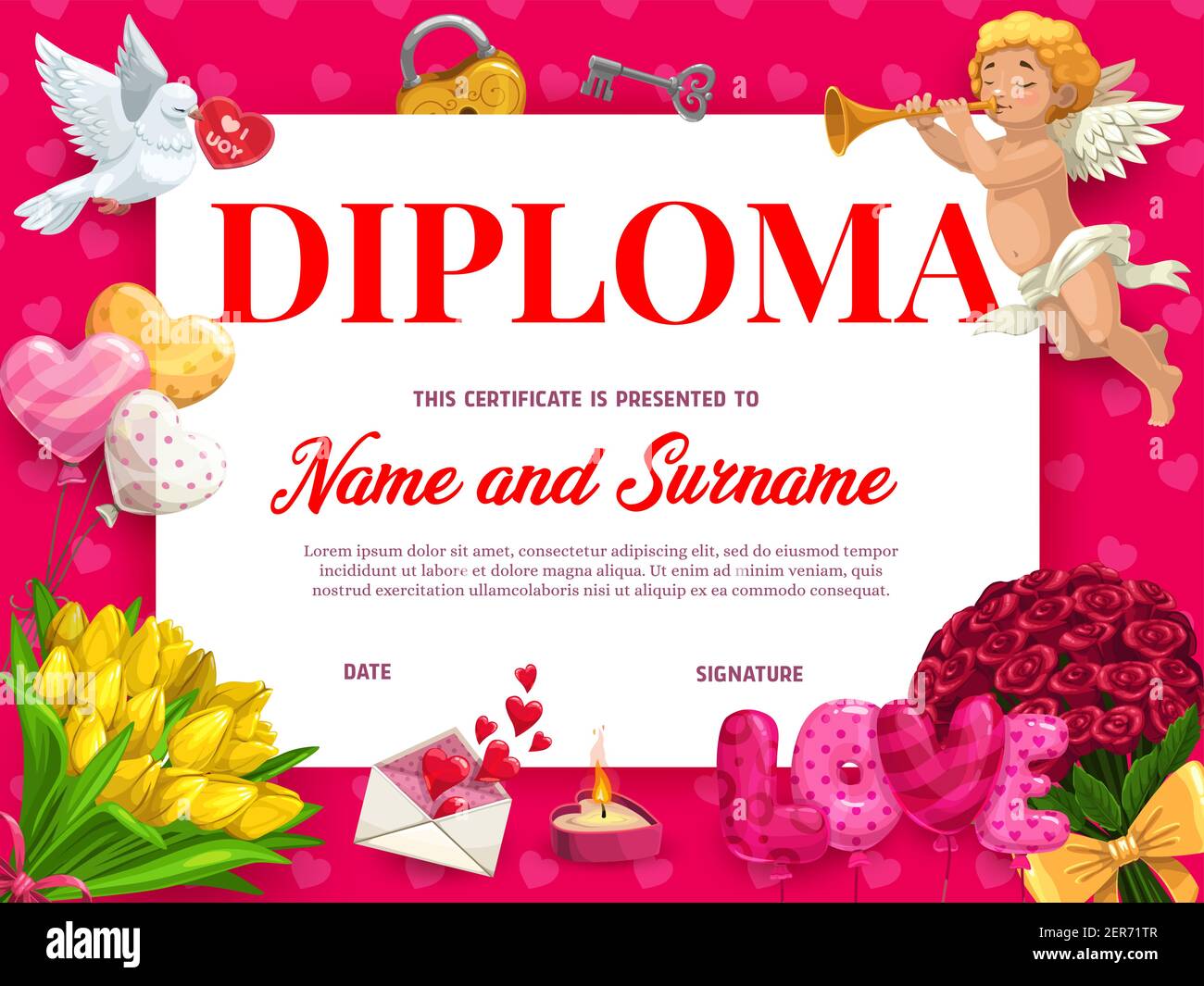 Valentines day holiday diploma or certificate template. Romantic ...