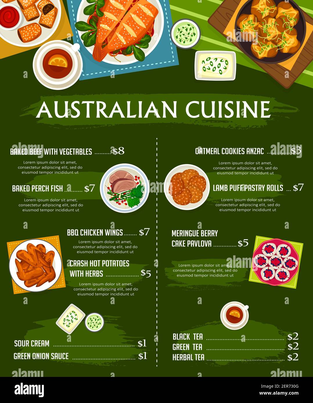 Australian cuisine vector menu template bbq chicken wings, sour cream ...