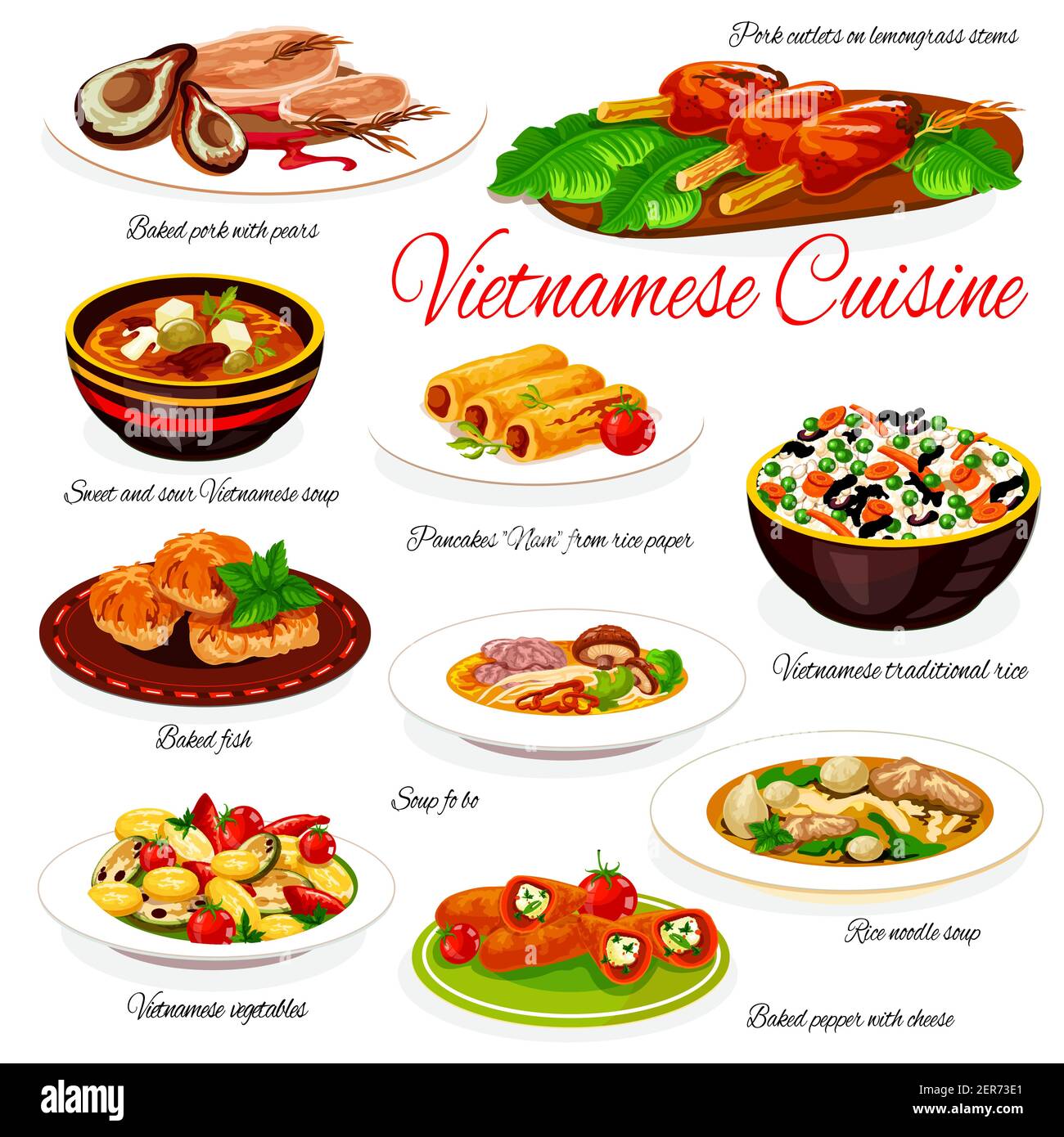 Vietnamese food of vector vegetable and meat dishes with rice noodles ...