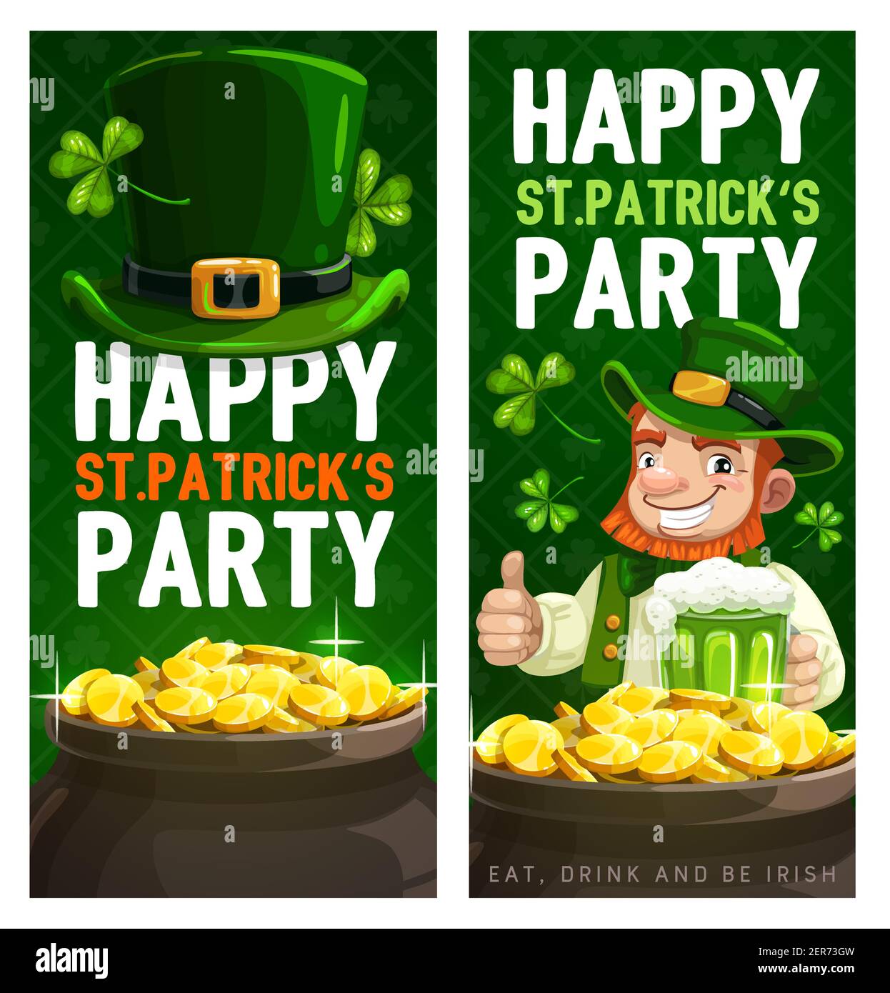 St. Patrick Day cartoon vector banners with leprechaun in green top hat ...