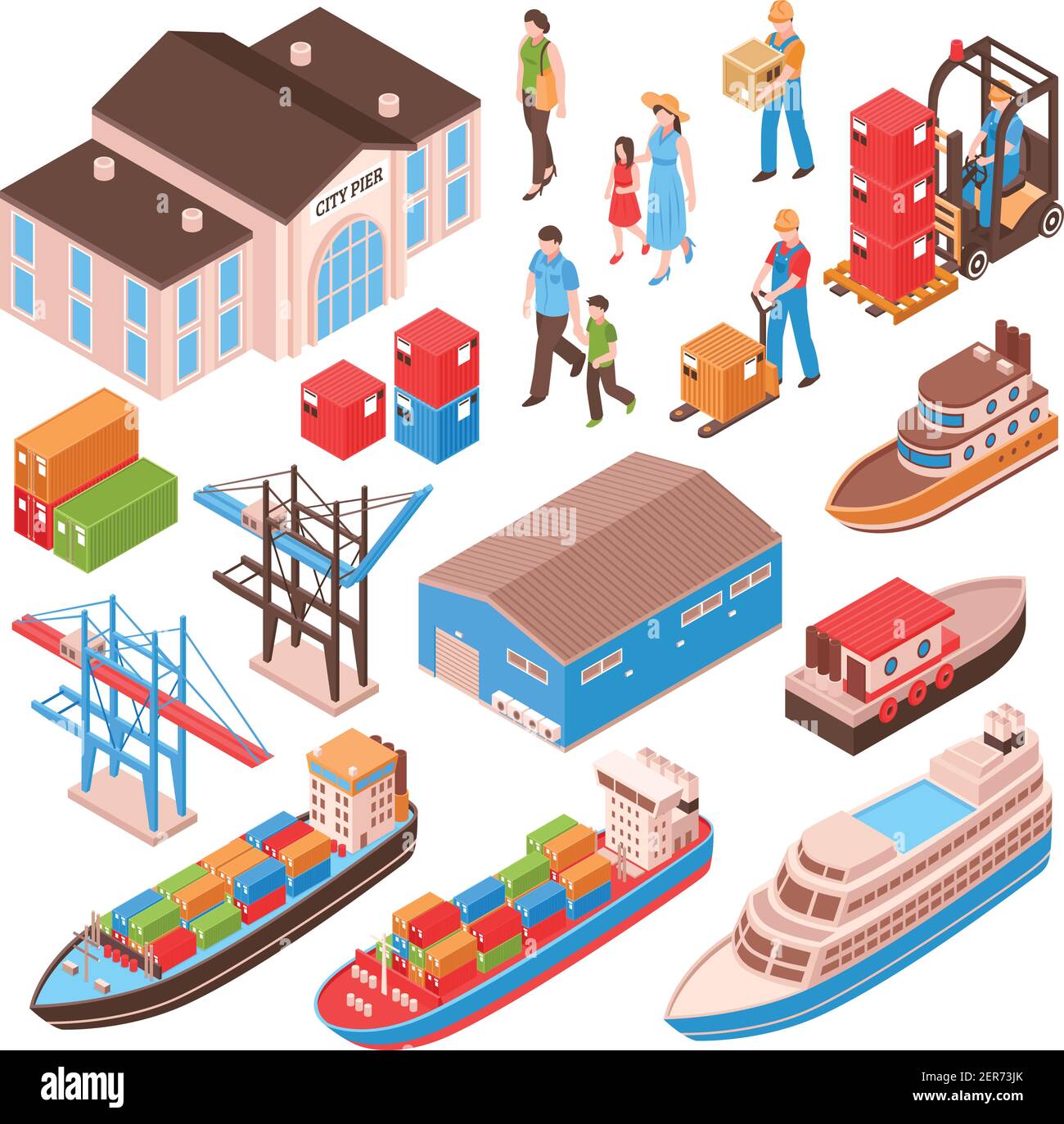 Sea port isometric set with city persons, pier building, cargo ships ...
