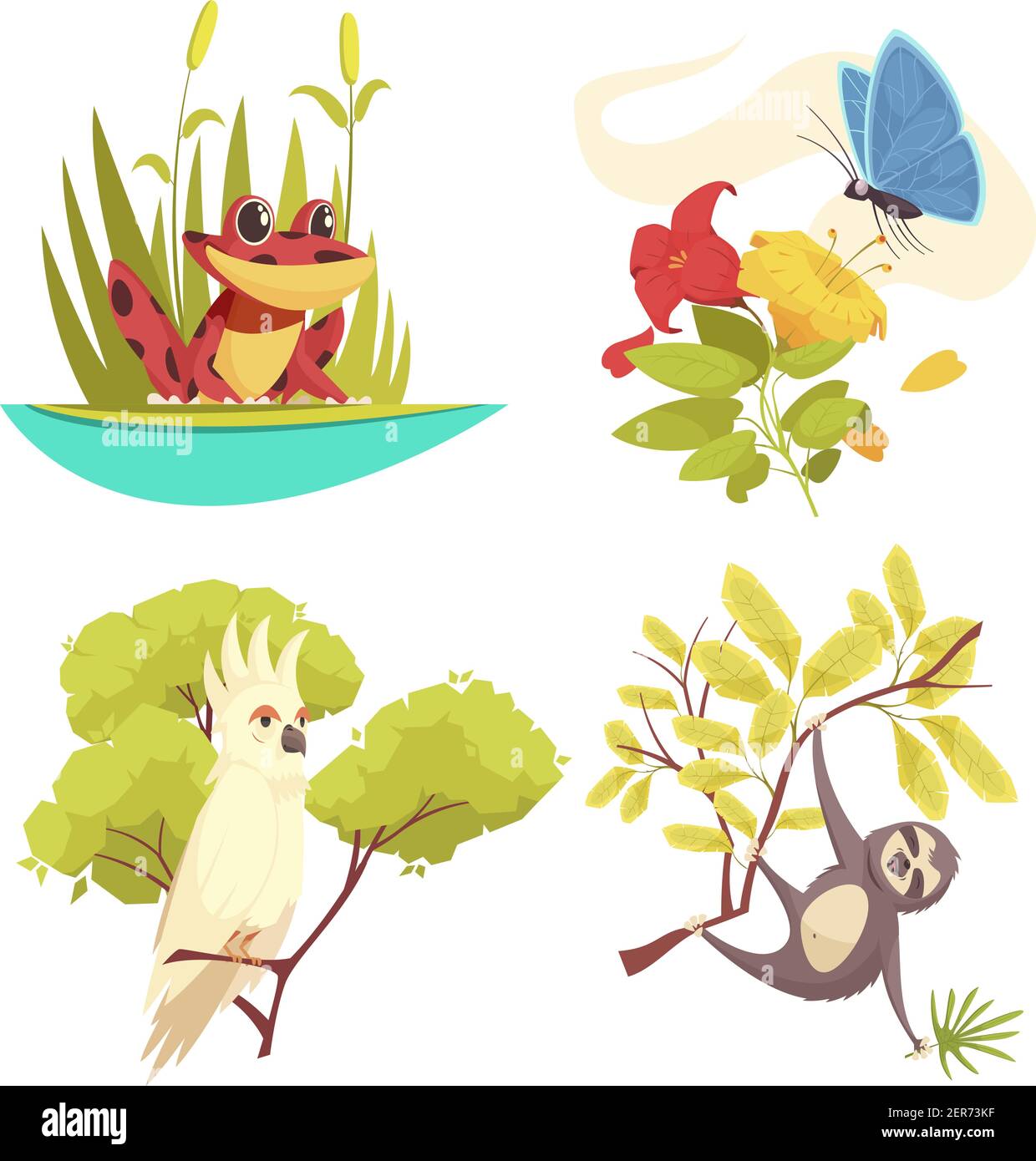 Animals jungle design concept with frog in reeds, butterfly on flower ...