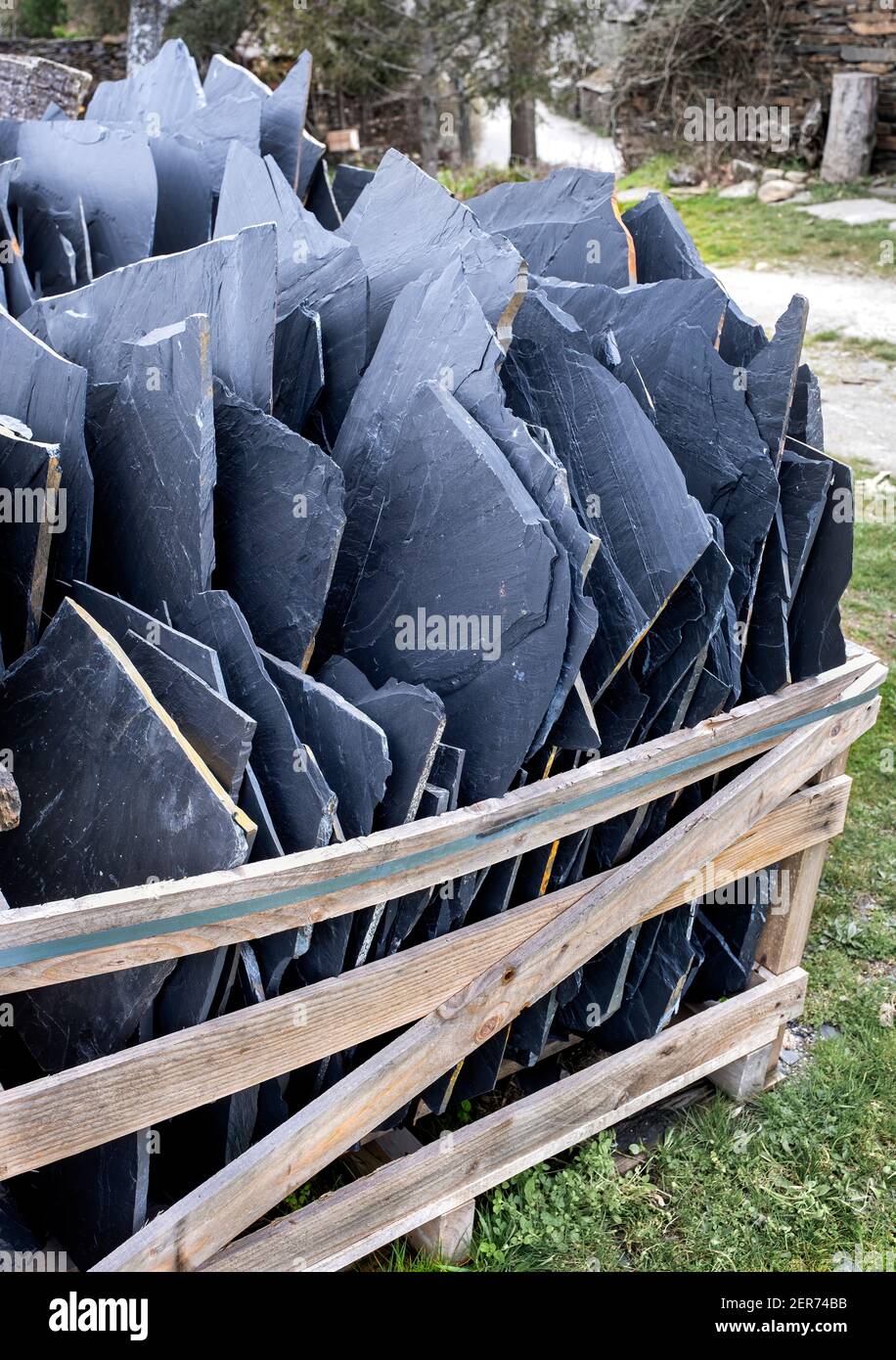 slate sheets on a pallet, building material ready to make a house with ...