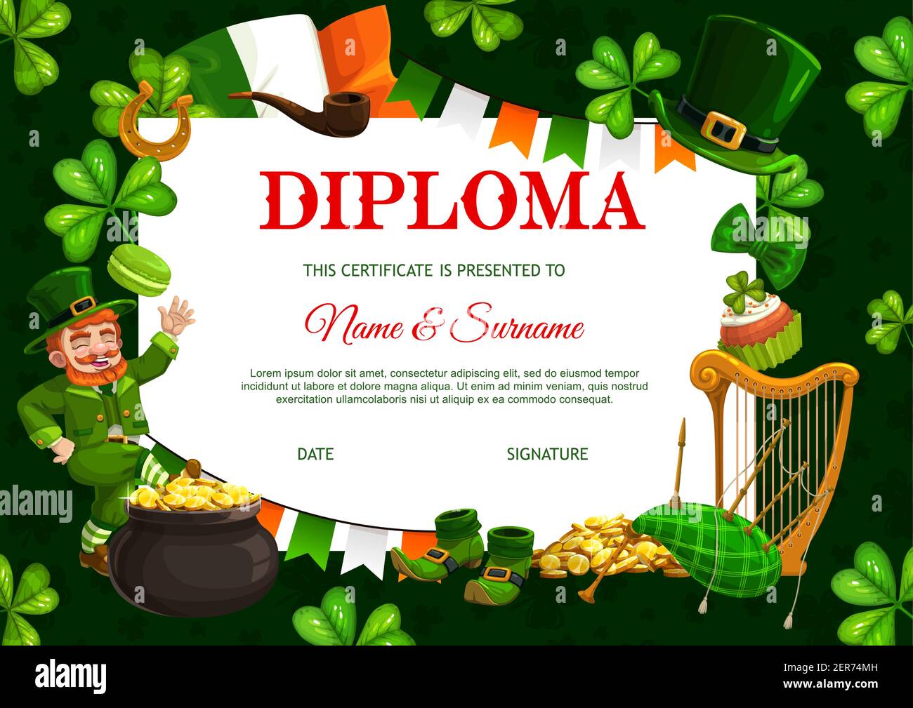 Kids diploma template, Patricks day vector leprechaun, pot with gold ...