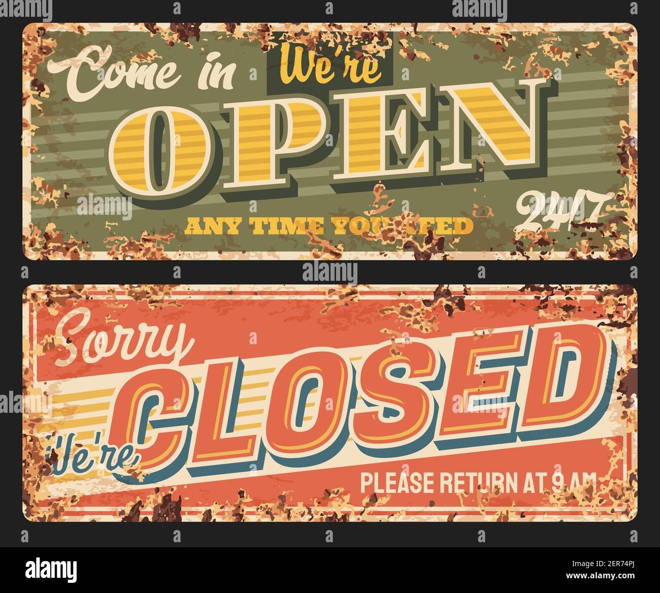 Closed and open metal plate rusty, shop door boards, vector retro ...