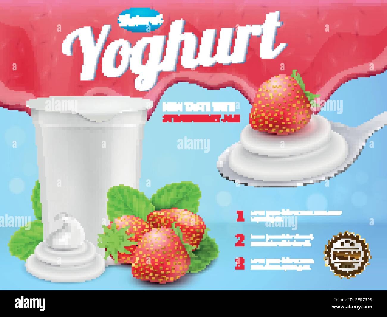 Yoghurt composition with new strawberry taste symbols realistic vector ...